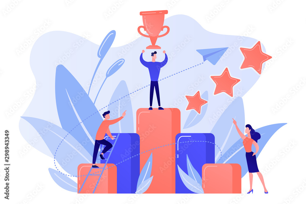 Businessman holds a cup on top of column graph. Key to success and ...