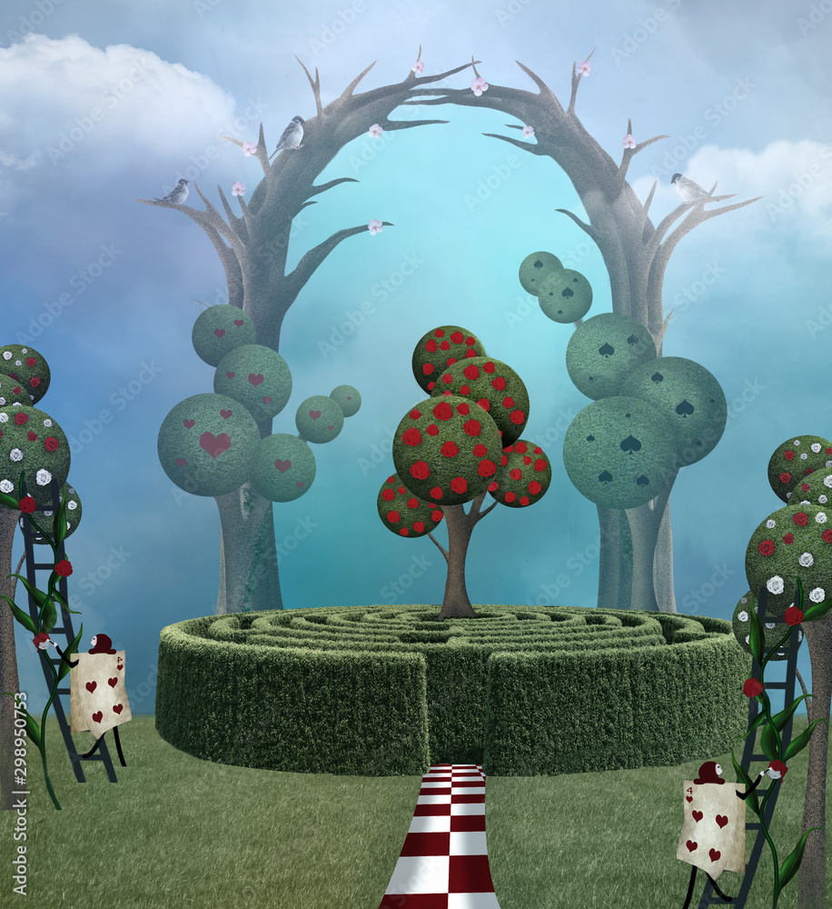 Magic trees in a surreal landscape inspired by Alice in Wonderland ...