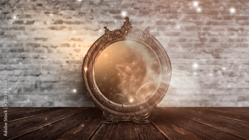 Dark fantasy mystical landscape. Dark forest, magic mirror. Night view ...