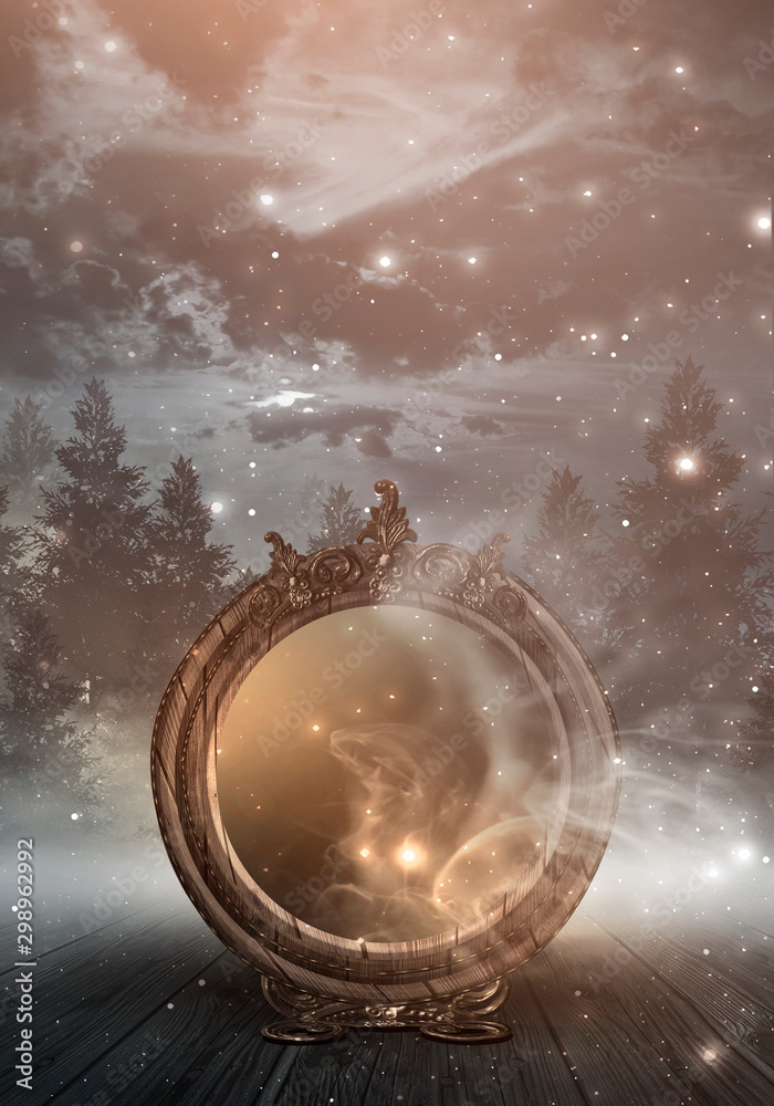 Dark forest, magic mirror. Night view, smoke, smog, neon light, moon ...