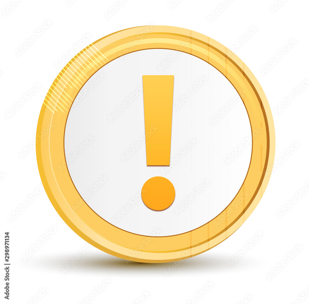 Exclamation mark icon gold round button golden coin shiny frame luxury ...