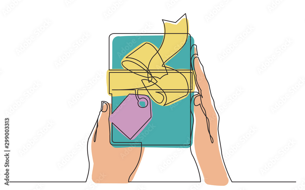 continuous line drawing of two hands holding gift box with ribbon and ...