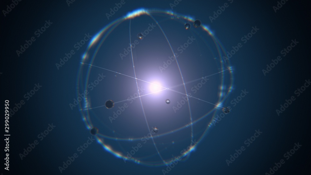 dynamic energetic blue atom model concept illustration of glowing ...