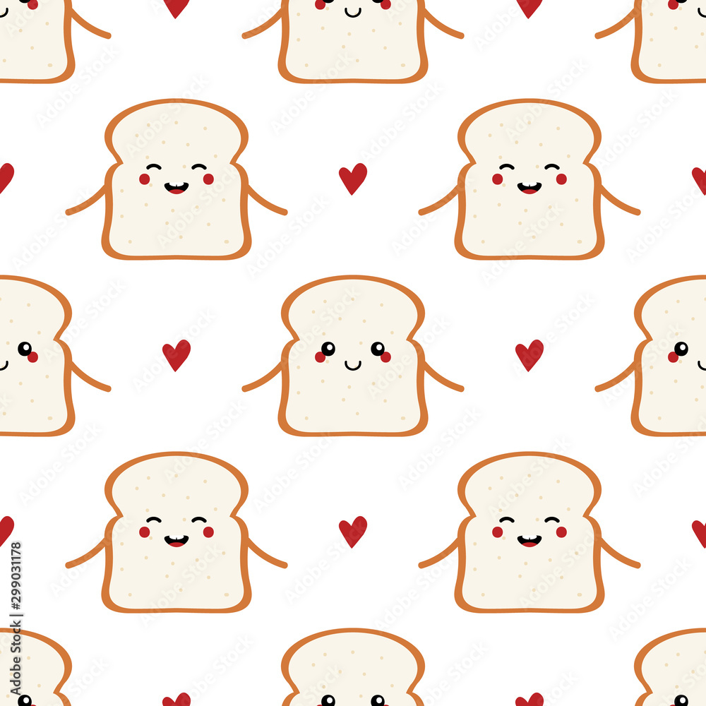 Cute cartoon toast bread characters and hearts seamless pattern ...