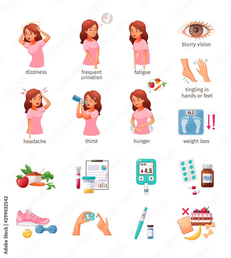 Diabetes Cartoon Icons Set Stock Vector | Adobe Stock