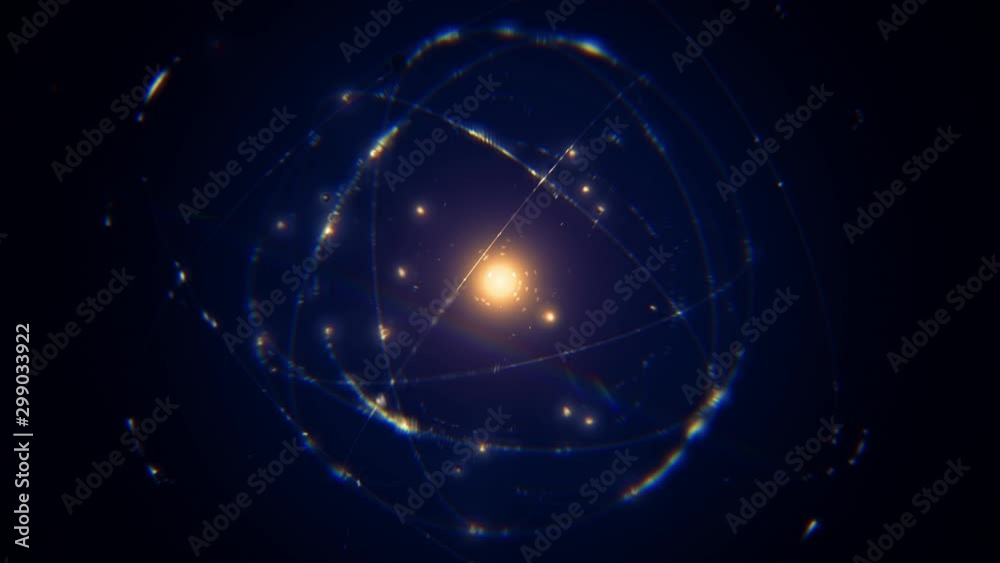 seamlessly looping blue golden atom concept animation shining glowing ...