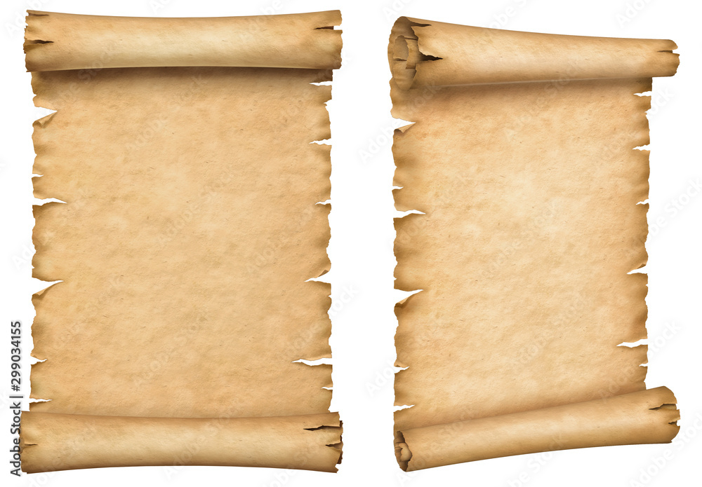 Two old paper manuscripts. Papyrus scroll vertically oriented isolated ...