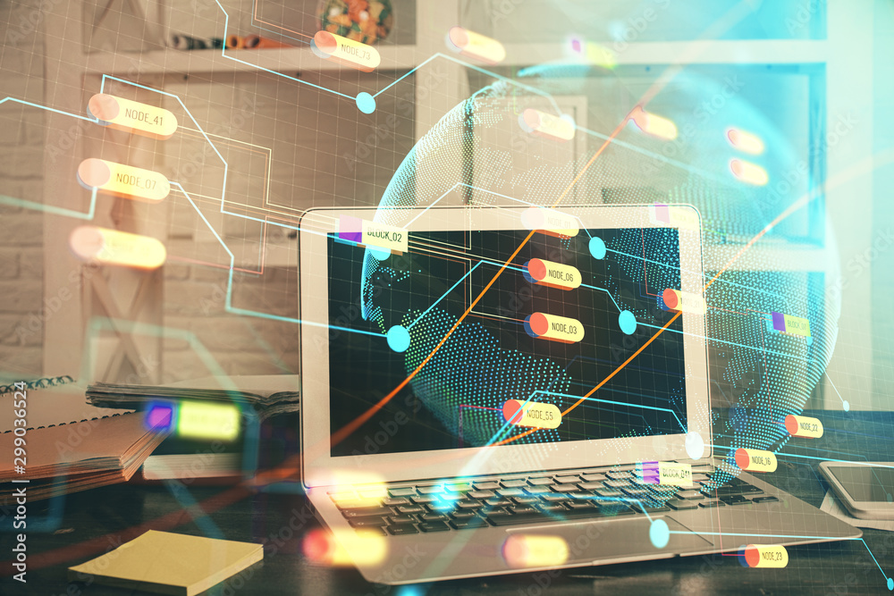 Multi exposure of table with computer and world map hologram ...