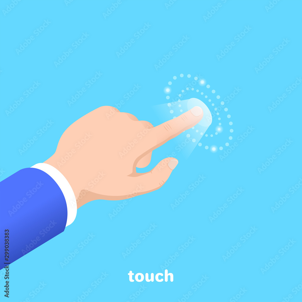 hand with an extended finger pressing on the touch surface, isometric ...