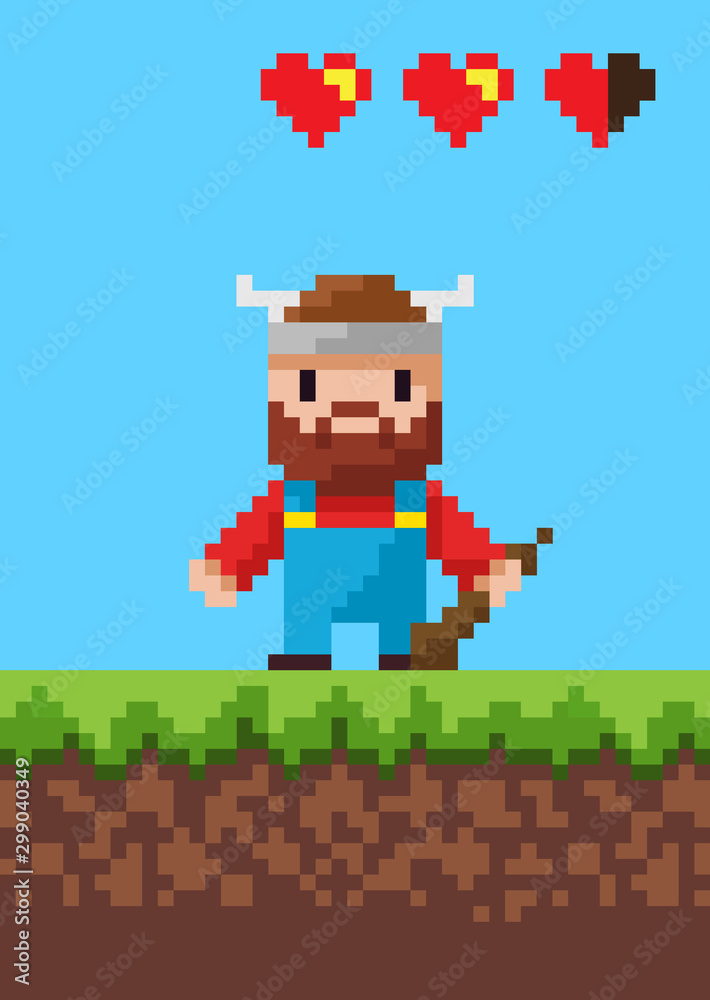 Pixel game, portrait view of cavalier character holding galive ...