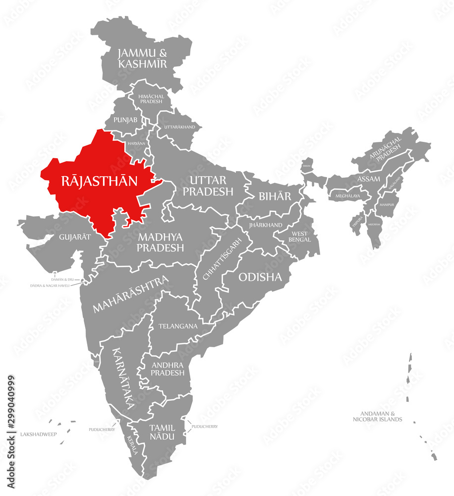 Rajasthan red highlighted in map of India Stock Illustration | Adobe Stock