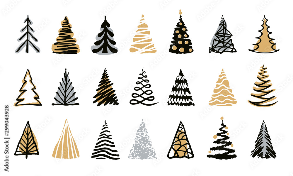 Obraz Ręcznie rysowane doodle zestaw choinek. Choinki styl szkic złoto ...