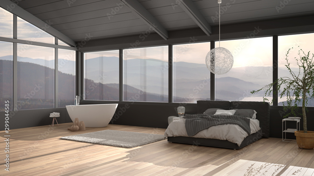Big panoramic luxury bedroom with windows on mountain valley, double ...