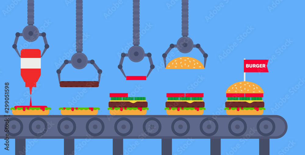 food conveyor line burger production process robotic technology vector ...