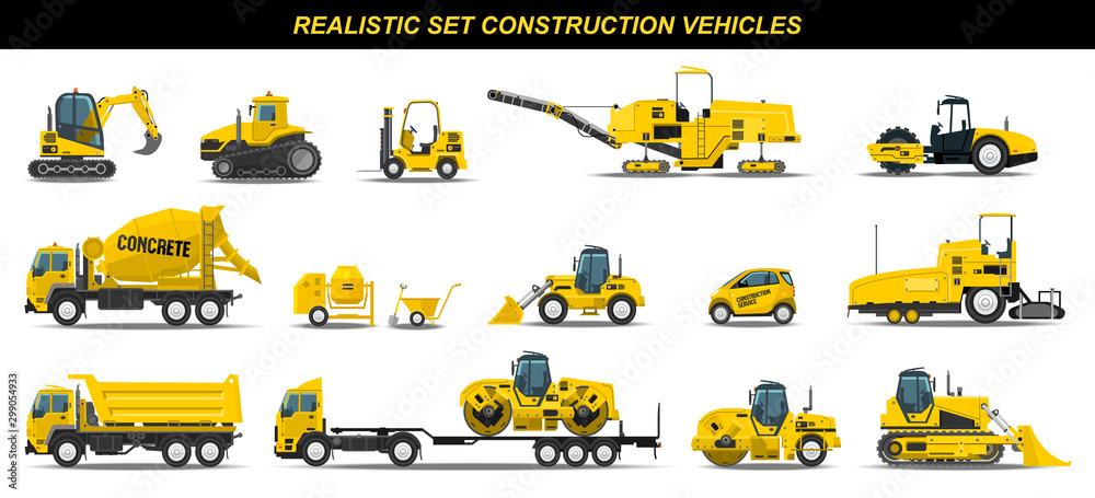 Realistic set construction vehicles. Building banner. Everything for ...