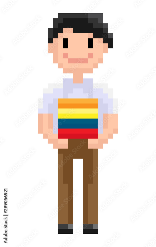 Smiling superhero holding colorful box, portrait and full length view ...