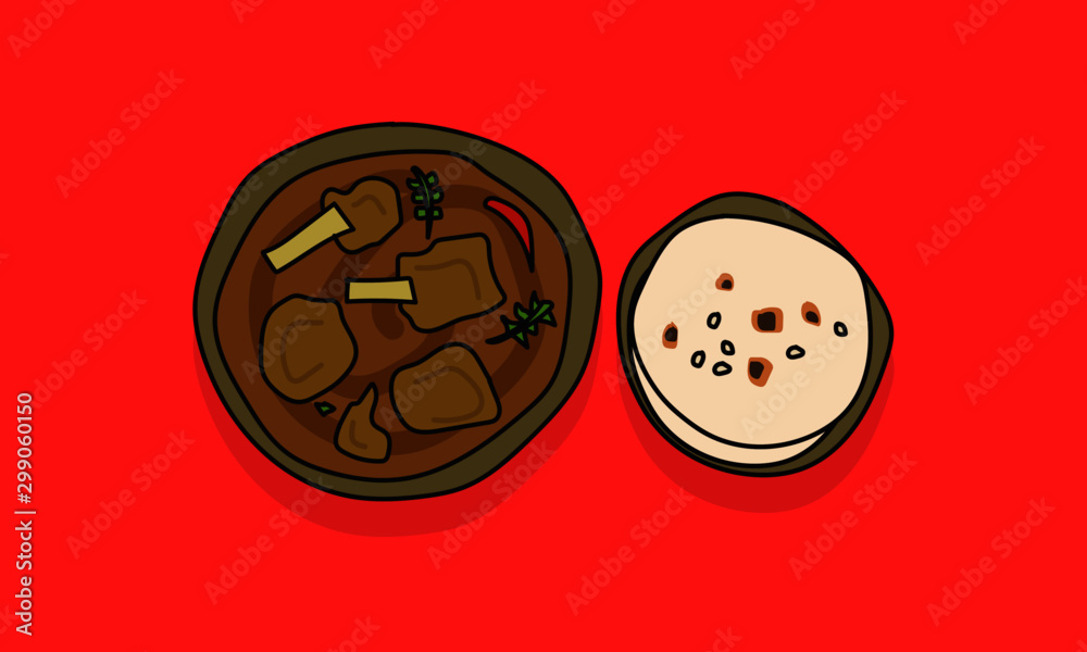 Mutton Curry and Naan Bread Vector Hand Drawn Illustration Stock Vector ...