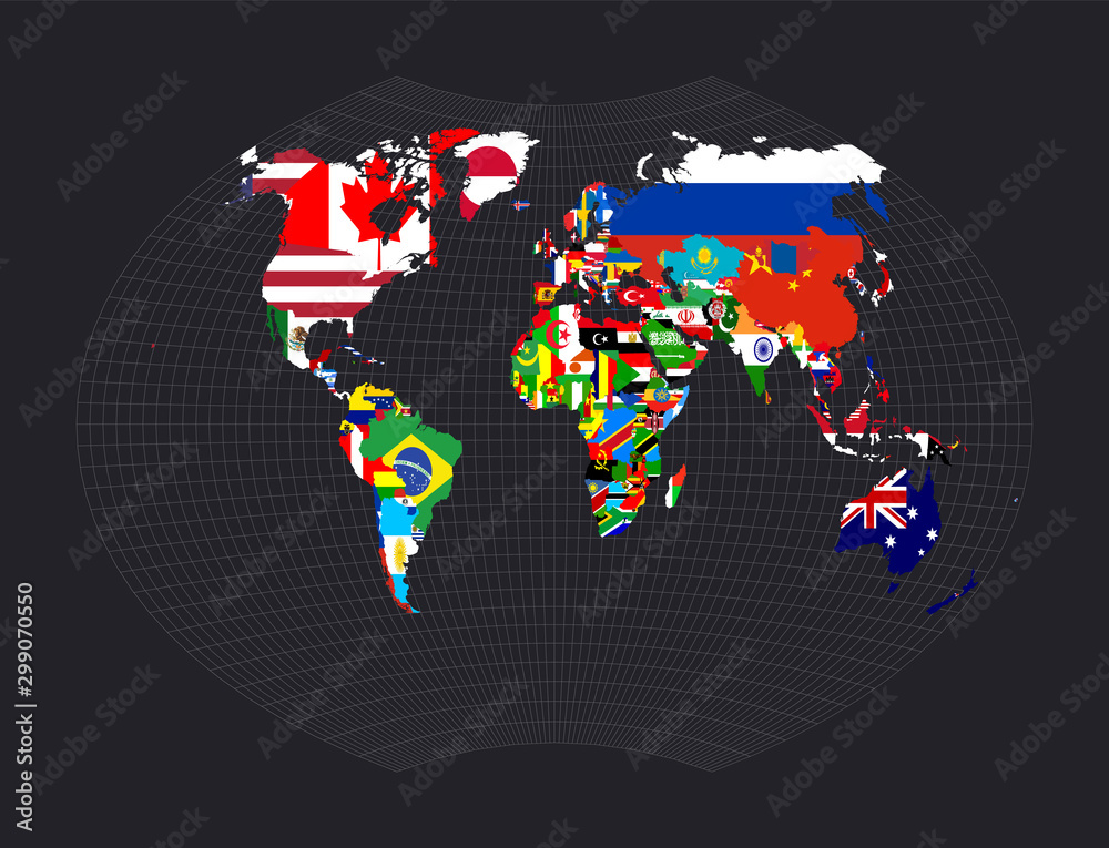 World Flag Map. Ginzburg VI projection. Map of the world with meridians ...