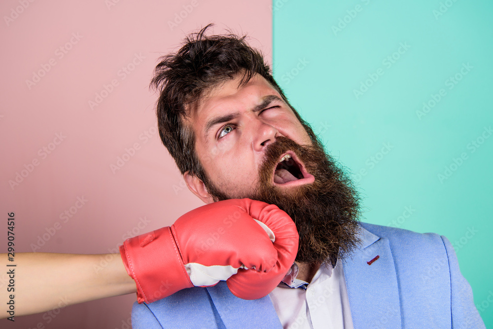 Teeth pain concept. Defenseless head. Suffering. Punch in face. Destroy ...