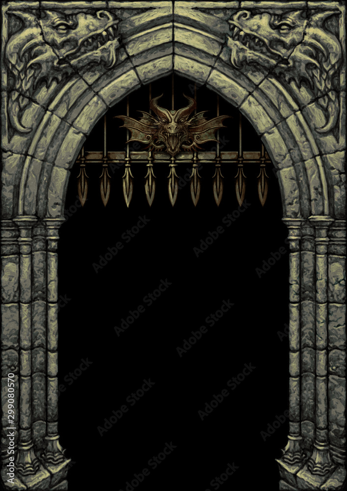 Fantasy medieval stone gate with sculpted dragon heads Stock ...