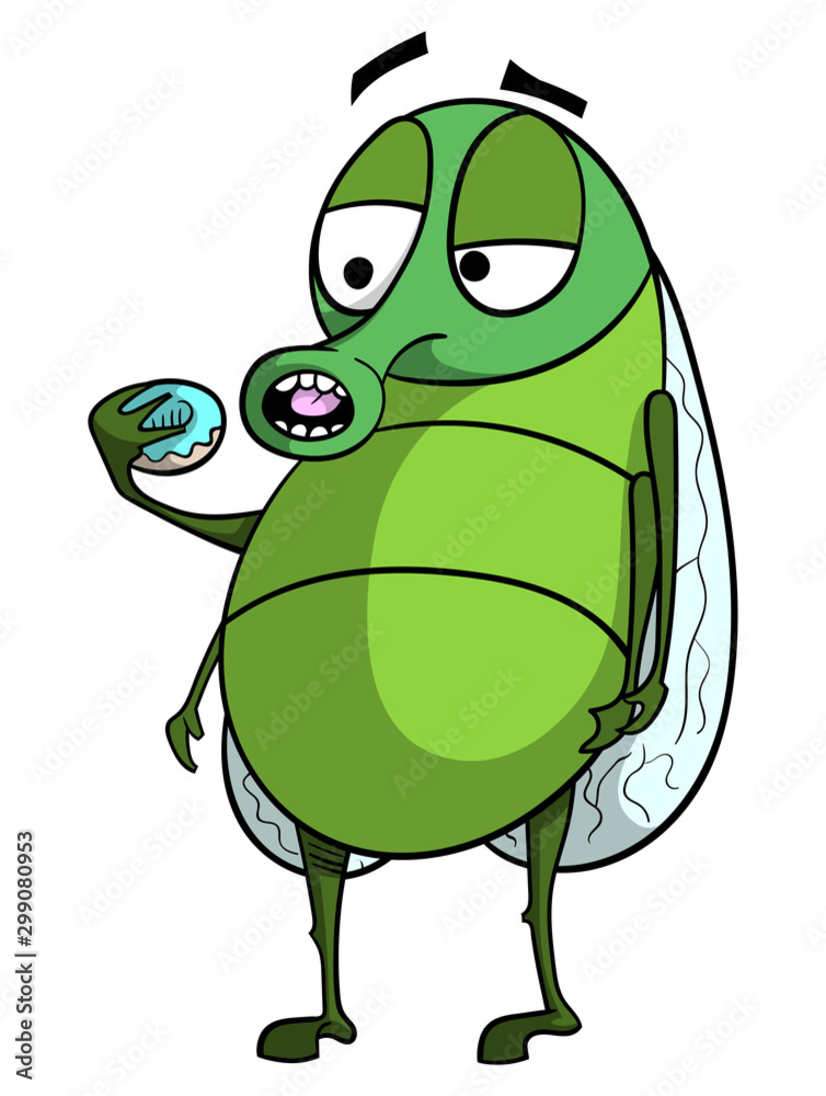 Cartoon illustration of a fly character about to take a bite from a ...