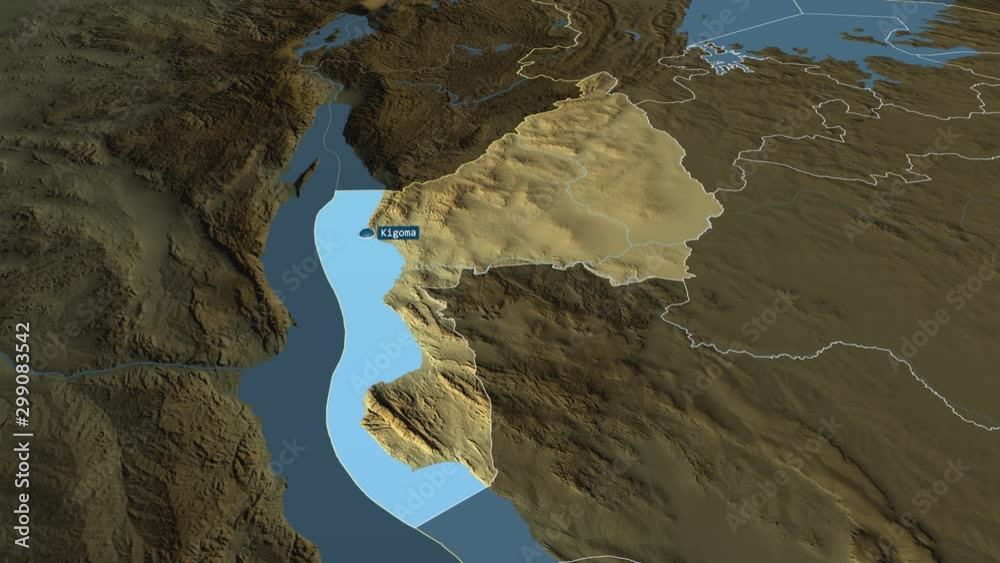 Kigoma - region of Tanzania with its capital zoomed on the physical map ...
