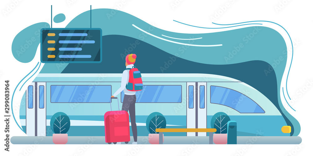 Traveler at railway station flat vector illustration. Tourist with ...
