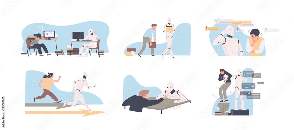 Robot versus human flat vector illustration set. Man competing with ...