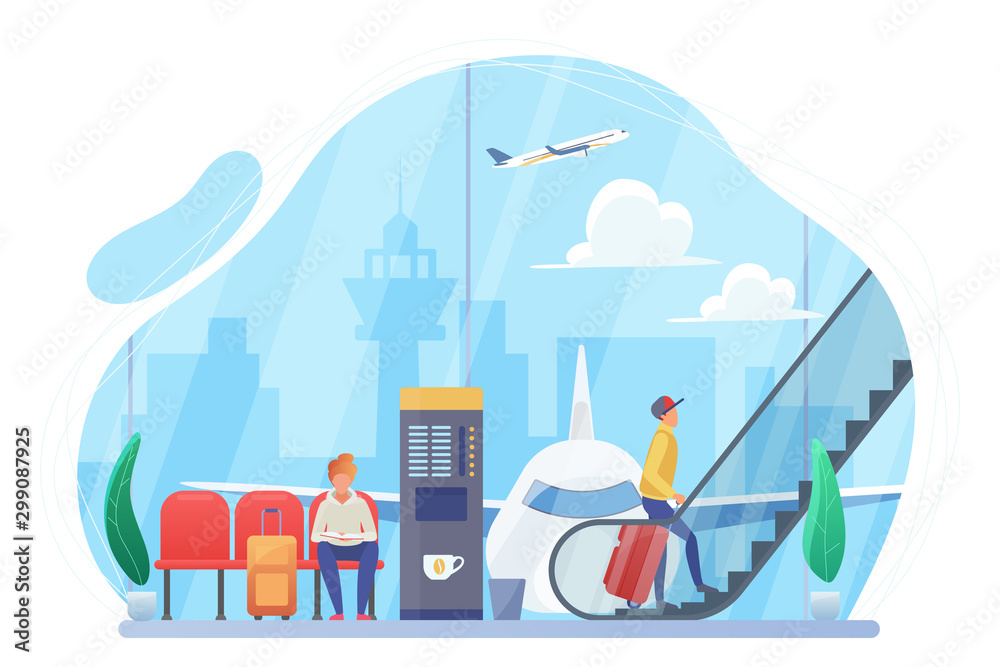 People in airport hall flat vector illustration. Passengers with ...
