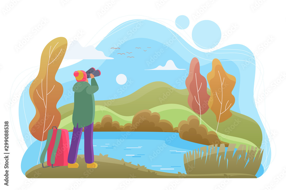 Birdwatcher with binoculars flat vector illustration. Nature lover ...
