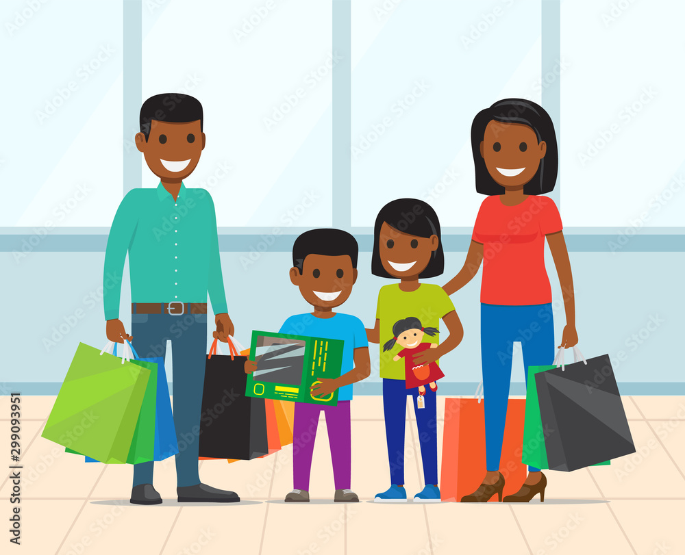 Family standing with packages, parents and children holding colorful ...