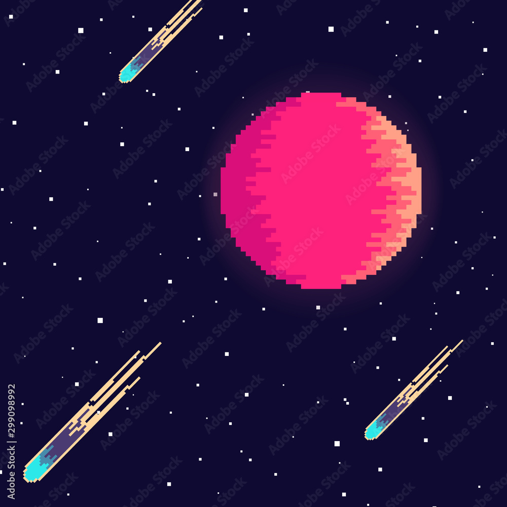 Planet in space. Retro game design interface. Retro computer stars for ...