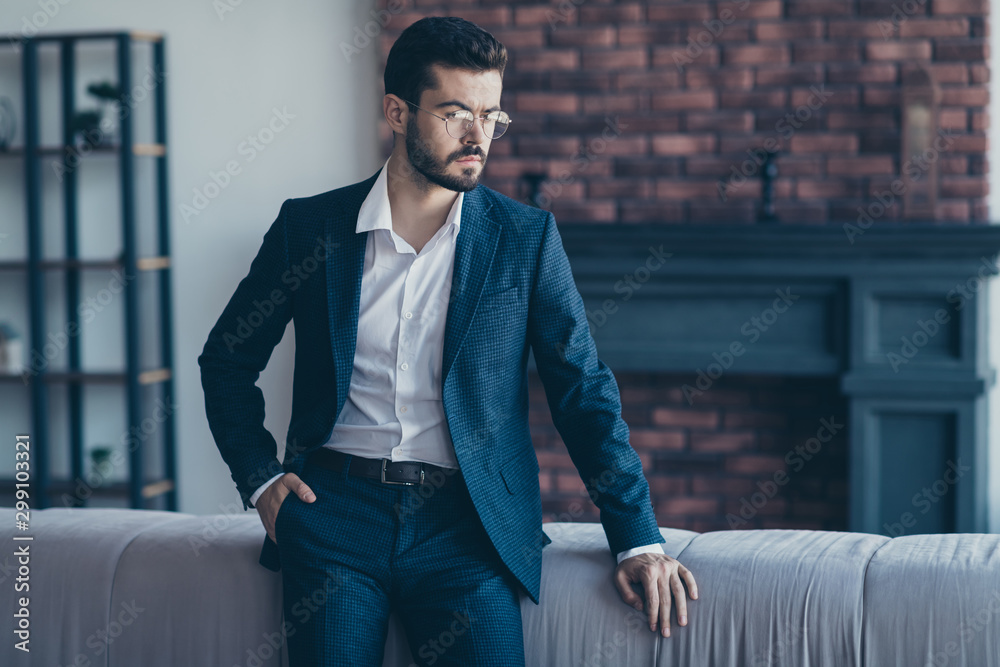 Portrait of his he nice attractive serious imposing bearded guy ceo ...