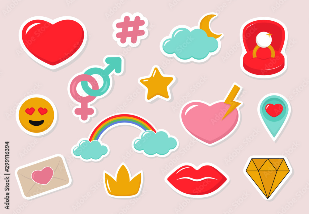 Cartoon love icon sticker set. Vector valentine stickers with heart ...