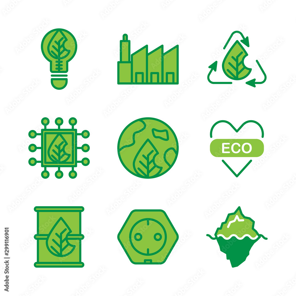 Ecology and natural icon set color include light blub, leaf ...