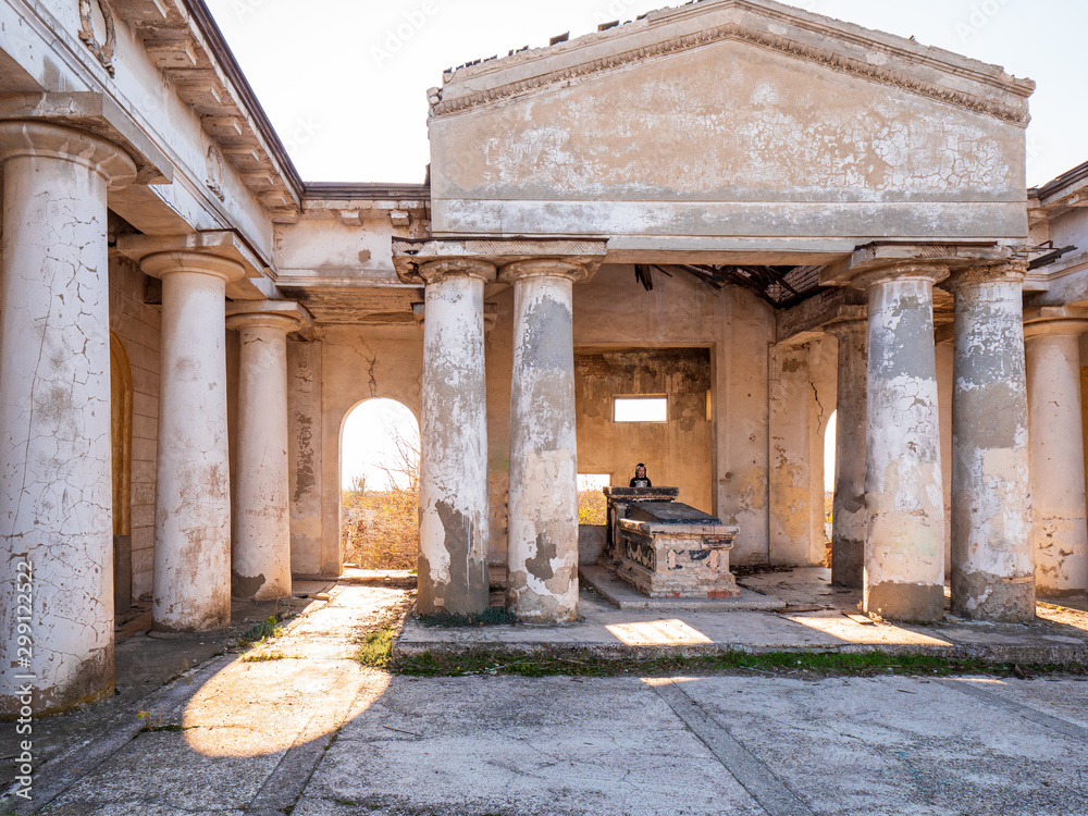 Child in carnival costumes celebrate Halloween in cult place Mortuary ...