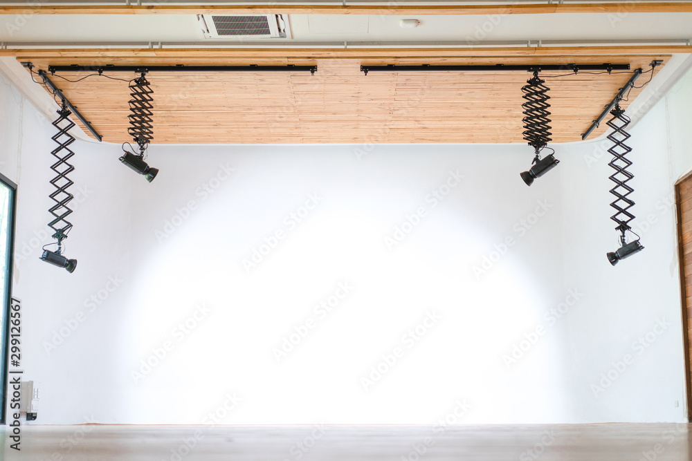 The professional studio hall hang the LED light form wood ceiling with ...