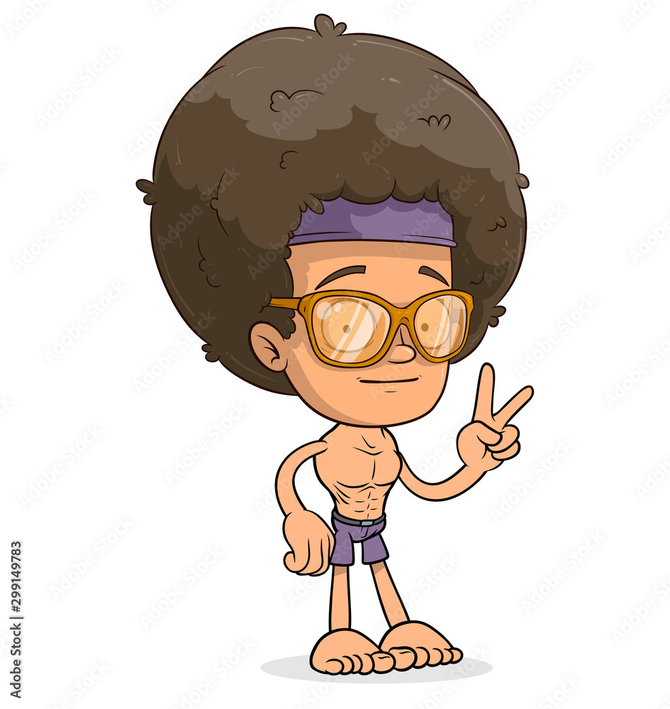 Cartoon funny standing disco boy character in sunglasses showing peace ...
