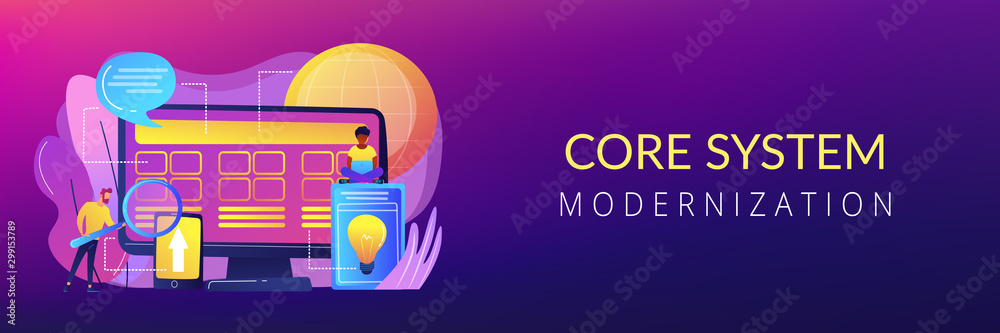 Tiny people developers at computer working on core system. Core system development, all in one ...