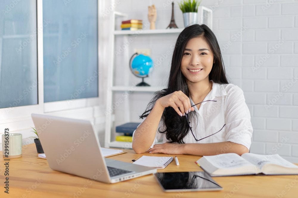 Education study abroad,Asian student girl wear glasses table looking ...