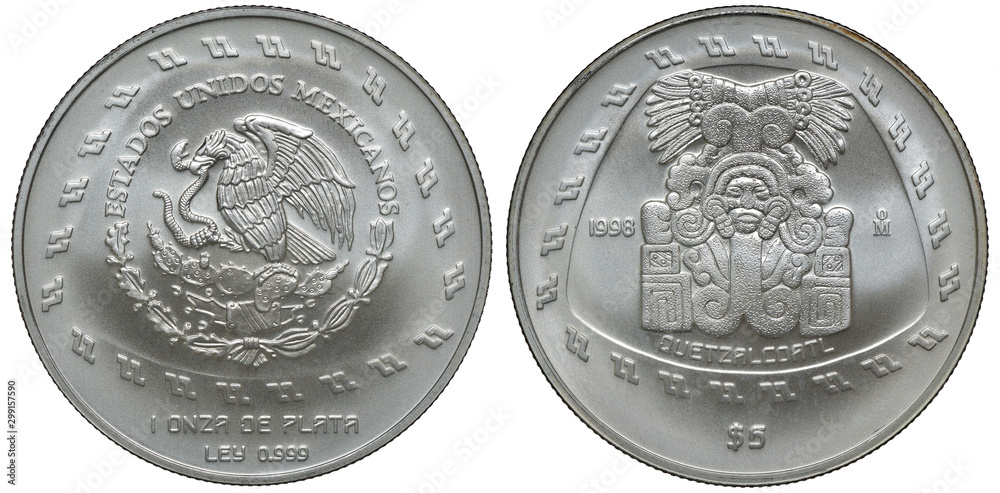 Mexico Mexican silver coin 5 five pesos 1993, subject Pre-Columbian ...