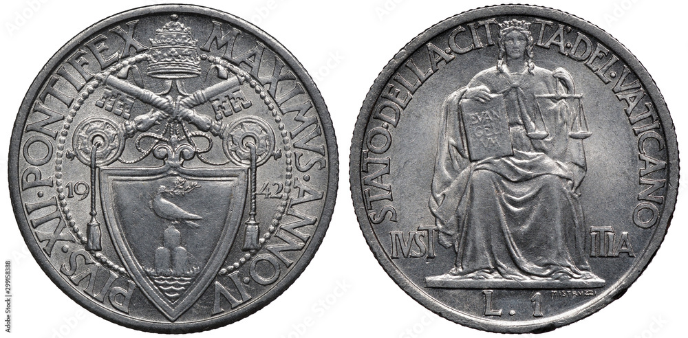 Vatican City coin 1 one lira 1942, ruler Pope Pius XII, crossed keys ...