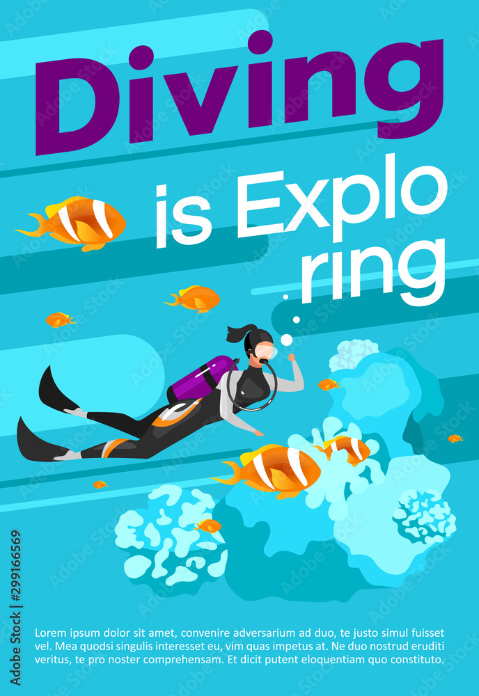 Diving is exploring poster vector template. Extreme watersport ...