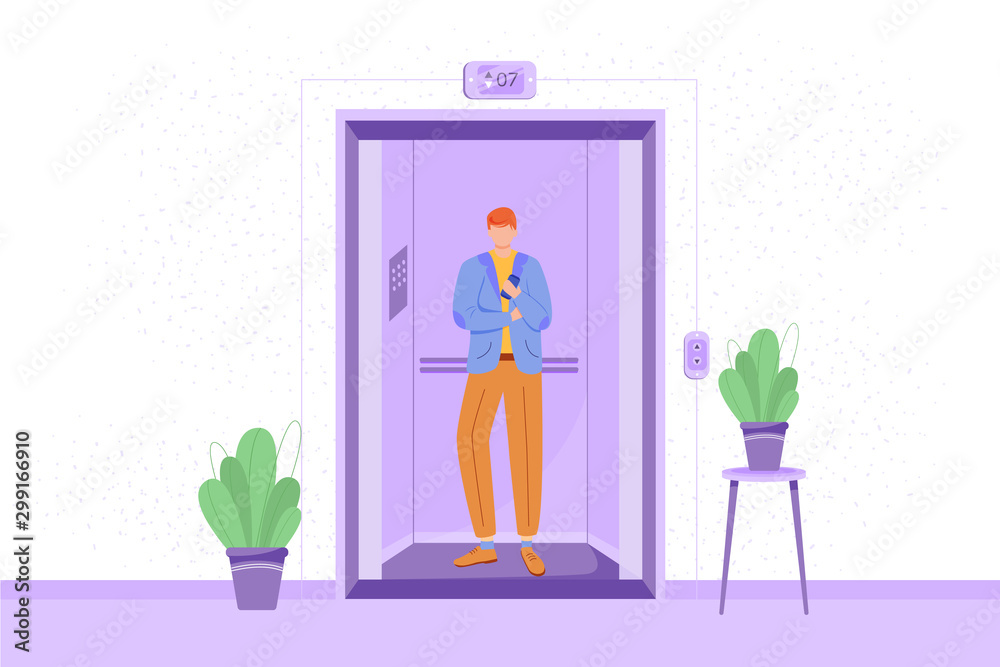 Employee in elevator vector illustration. Man in hotel lift. Office ...