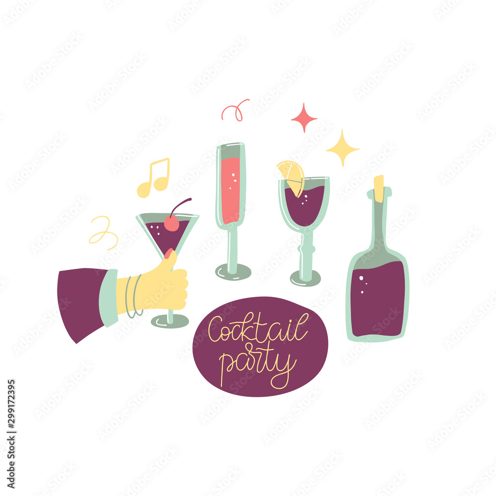 Cocktail party invitation poster. It's time to celebrate! Cartoon hand ...