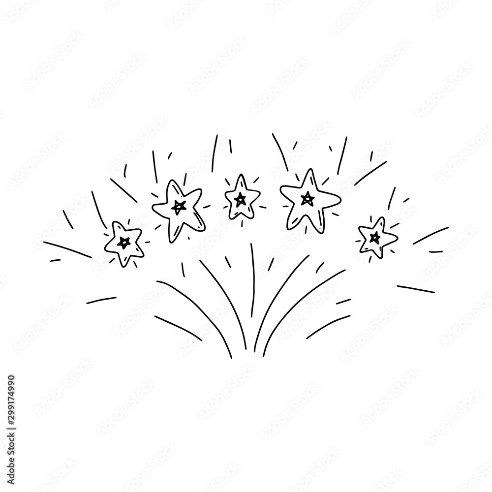 Illustration of fireworks in Doodle style. stars fly from the center ...