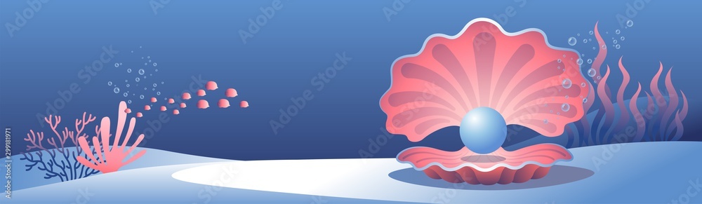 Vector illustration of a cockleshell with a pearl in a marine decor ...