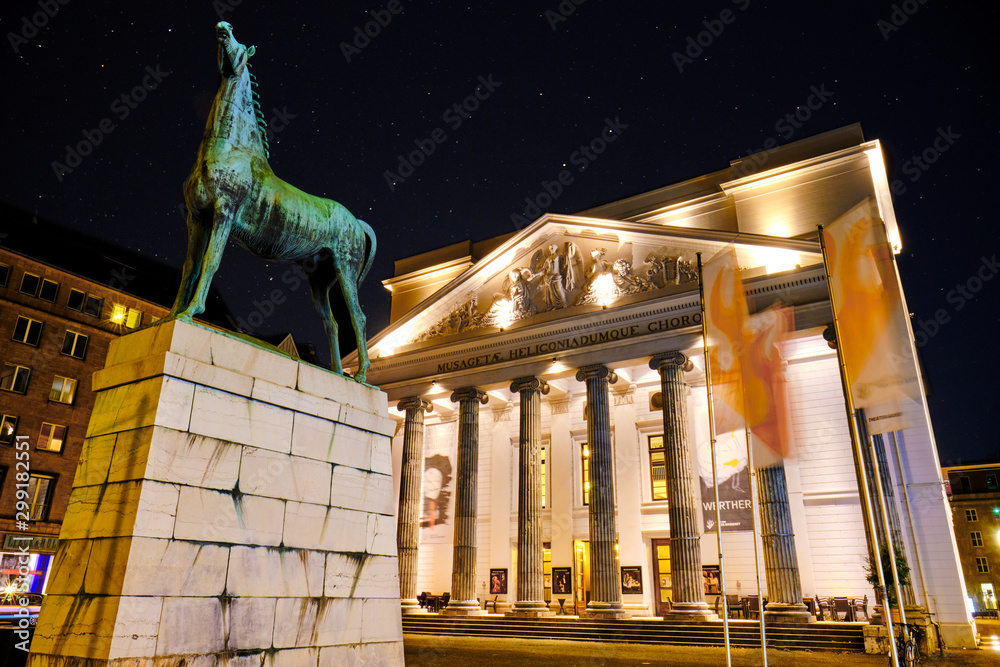 Nightshots of illuminated facade of Theater Aachen, which is the ...