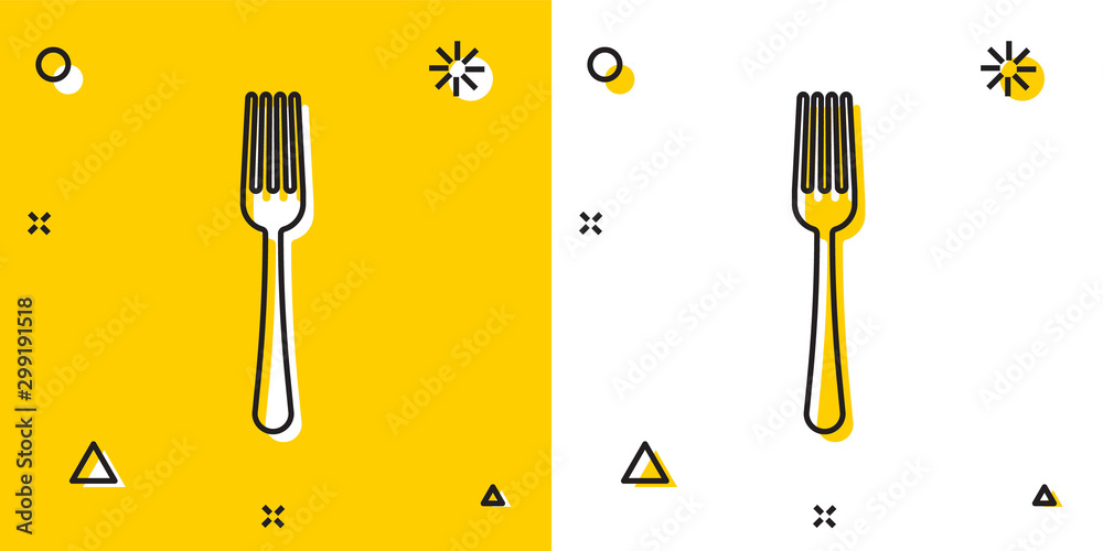Black Fork icon isolated on yellow and white background. Cutlery symbol ...