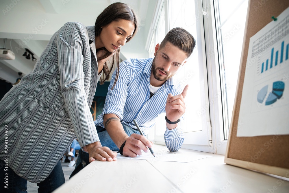 Coworkers team picture in modern office. Project managers work new idea ...